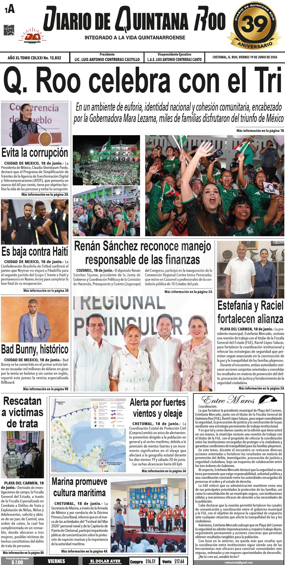 Portadas de Prensa en Quintana Roo 19 de junio de 2026.